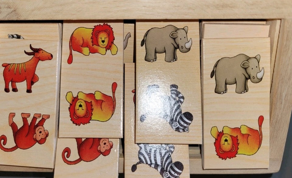Kids Safari Dominoes – 28 Wooden Jungle Animal Tiles + Storage Box ...