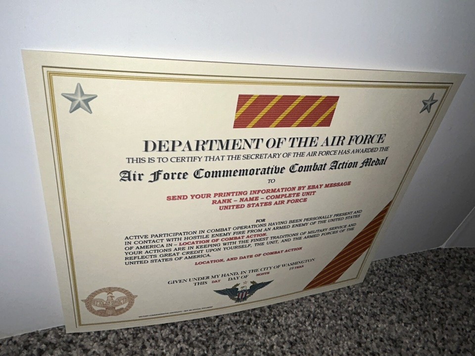 U.S. AIR FORCE COMBAT ACTION COMMEMORATIVE MEDAL CERTIFICATE ~ W ...