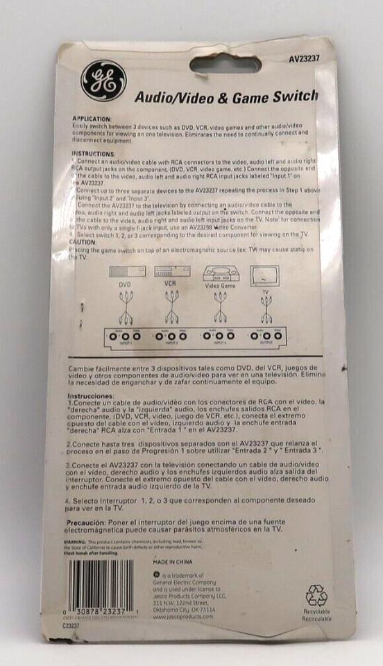 GE Audio Video & Game Switch Connect Three Devices AV23237 AV Selector ...
