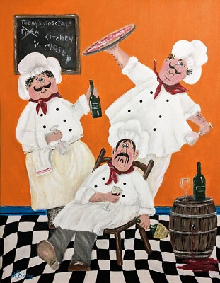 Fat Chef pizza decor kitchen wall art orig. 14 x 18 acrylic/canvas ...