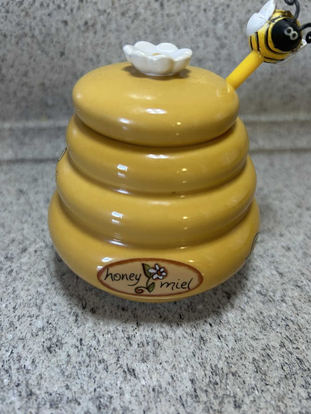 A-13) Honeypot Miel Jar w/plastic Honey Dipper Bumble Bee Yellow Golden ...
