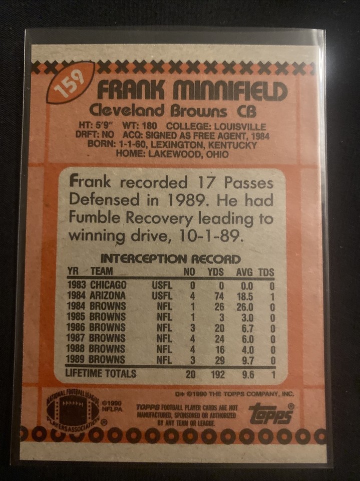 FRANK MINNIFIELD 1990 Topps Football #159 Cleveland Browns | eBay