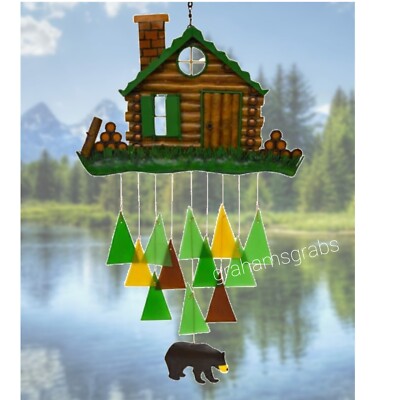 RUSTIC LOG CABIN CUT GLASS WIND CHIME LODGE CAMP GARDEN DECOR ...