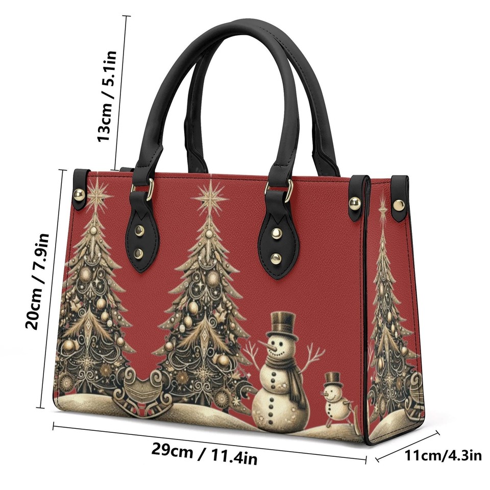 Handbag shoulder bag purse tote Vegan leather Christmas Holiday snowmen ...