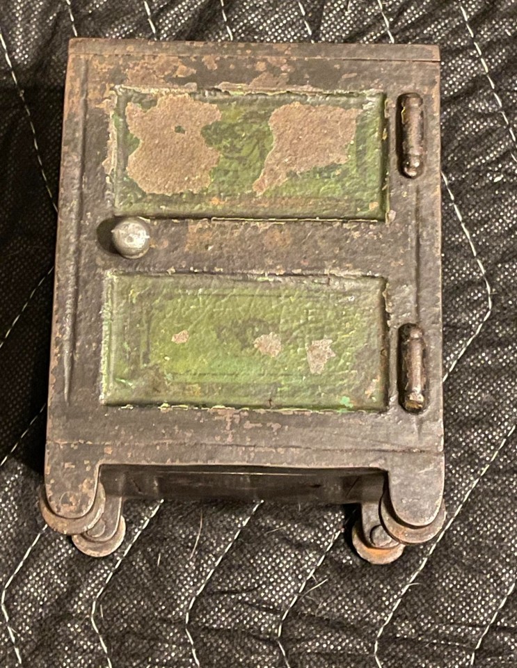 VINTAGE Cast Iron Coin Bank KEY Safe Bottom DOOR wheels rotate | eBay UK