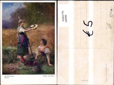 168908,Hans Zatzka Kornblümchen Frauen a. Feld Getreide Hut Sichel Korb ...