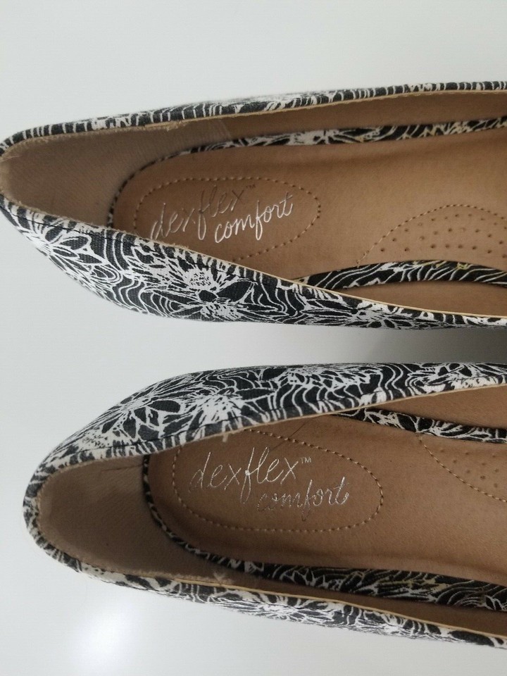 Dexflex Comfort Womens Black White Floral Canvas Peep Toe Cork Wedges ...