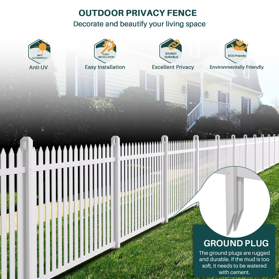 Vinyl Picket Fence Straight White Garden PVC Panel Heavy Duty w/ 34 ...