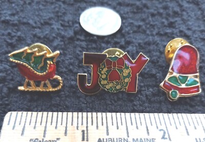 LOT of 3 ENAMELED CHRISTMAS PINS BROOCH SLEIGH JOY BELL VINTAGE | eBay