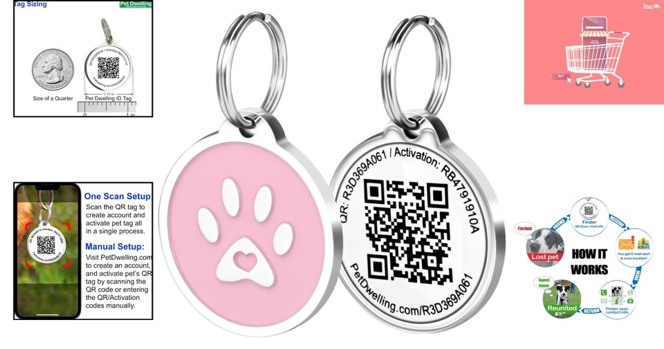 QR Code Pet ID Tag for Dogs & Cats – Easy Scan & Alerts, 1.14” Pink Paw ...