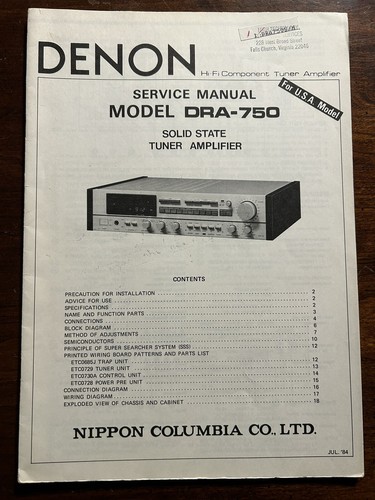 Denon Model DRA-750 Tuner Amplifier Amp Service Manual Original OEM ...