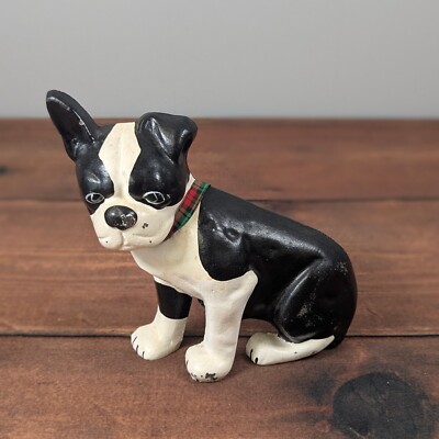 Boston Terrier Dog Figurine Statue Decor Accent with Plaid Ribbon ...