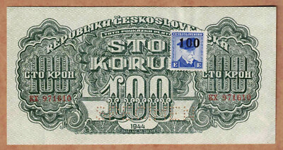 S6 - Czechoslovakia 100 Korun 1944 Almost Unc. Banknote P 48 With Stamp ...