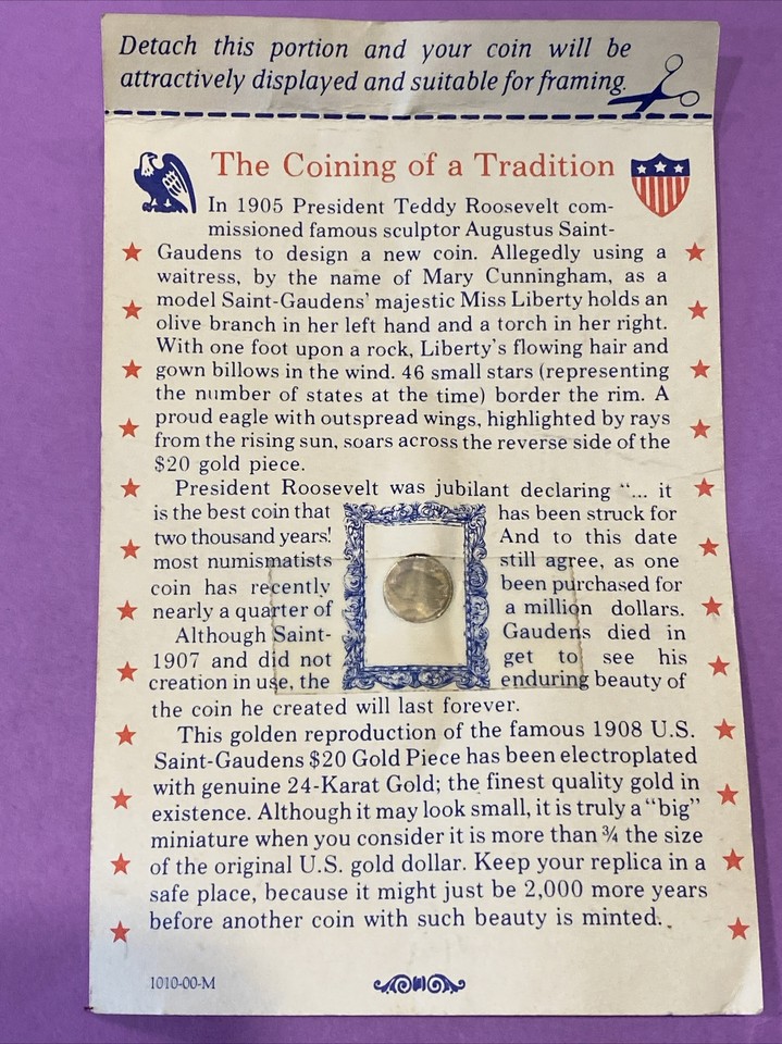 U.S. Saint-Gaudens 24k Gold Electroplated Mini 1908 Reproduction Twenty ...