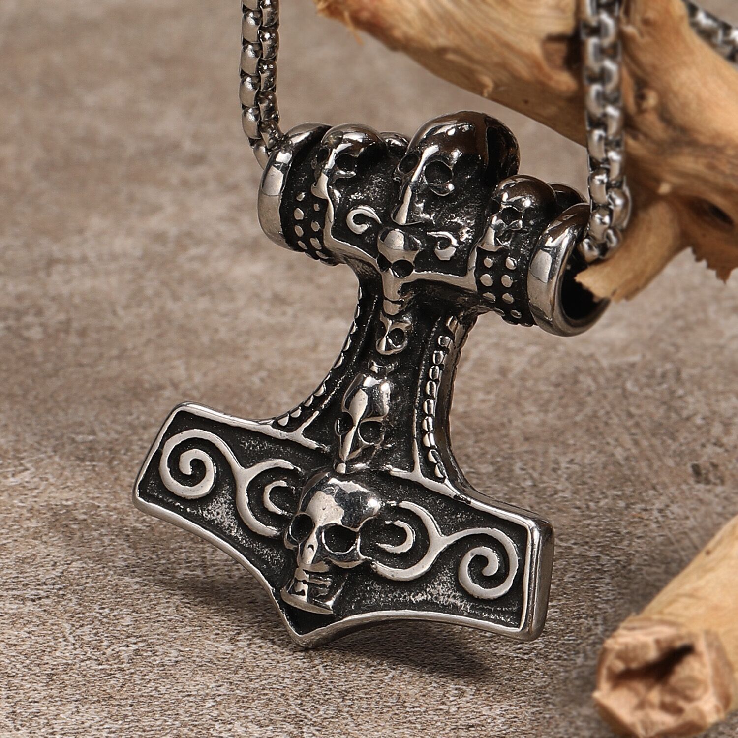 Viking Men's Thor's Hammer Necklace Mjolnir Skull Pendant Stainless ...