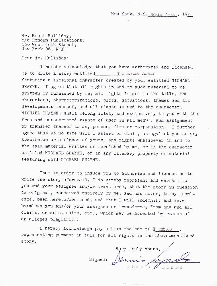 1965 contract by DENNIS LYNDS for a Mike Shayne story THE MOVING TARGET ...