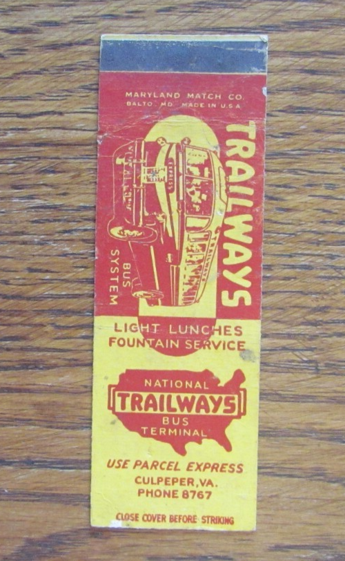 TRAILWAYS BUS TERMINAL MATCHBOOK COVER: CULPEPER, VIRGINIA c1940s ...