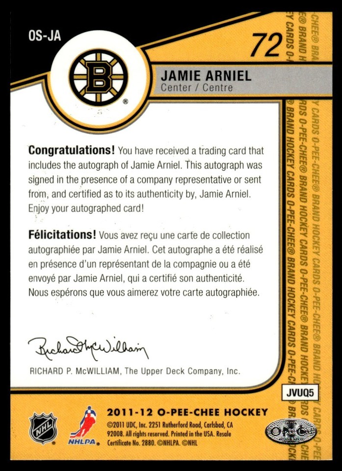 2011-12 O-Pee-Chee Signatures Jamie Arniel Auto Boston Bruins #OS-JA | eBay