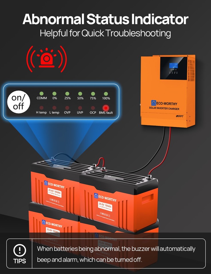 ECO-WORTHY 24V 100AH 2560Wh LiFePO4 Lithium Battery With SOC Display ...