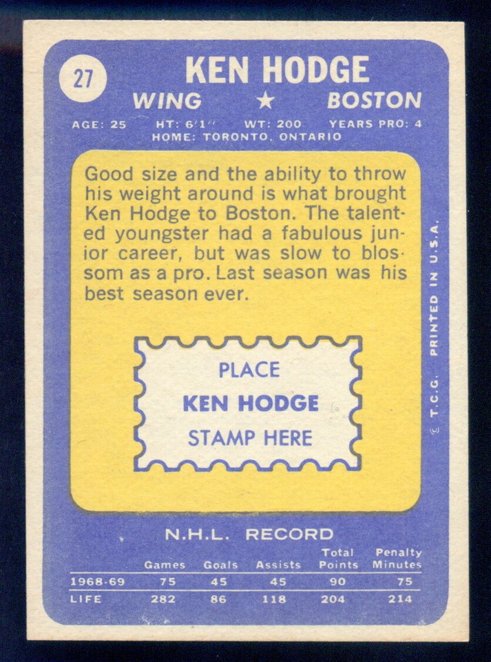 1969-70 TOPPS NHL HOCKEY #27 Ken Hodge NM-MT BOSTON BRUINS Card | eBay
