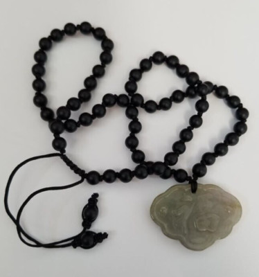 Natural jade "Fu" pendant with black obsidian beads 18" adjustable | eBay