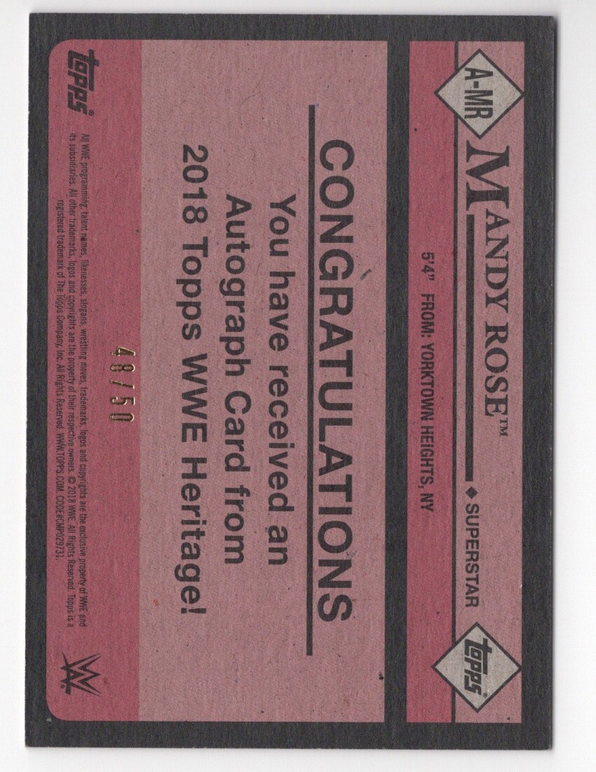 Mandy Rose 2018 Topps WWE Heritage Autograph Card Auto #A-MR Blue /50 ...