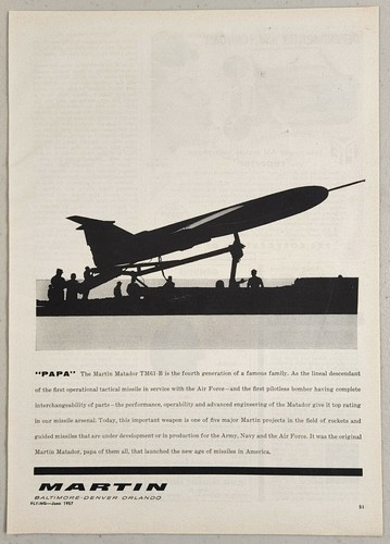 1957 Print Ad Martin Matador TM61-B "Papa" Tactical Missile US Air ...