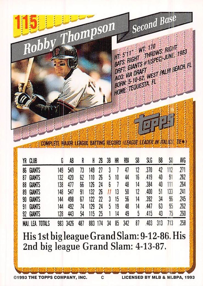 Robby Thompson 1993 Topps 115 San Francisco Giants Baseball Card | eBay