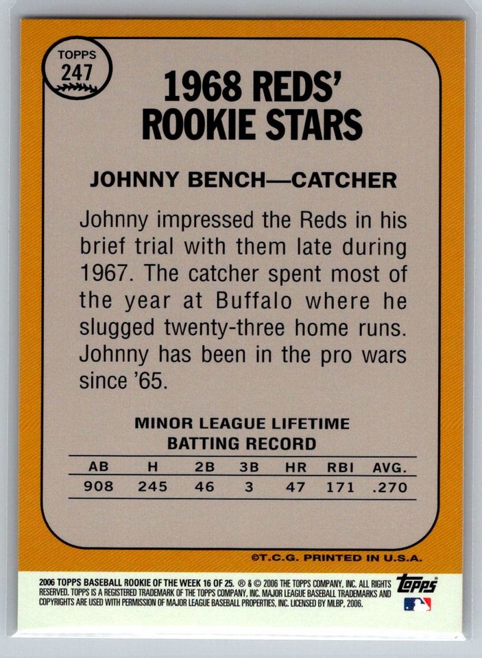 2006 Topps #247 Johnny Bench Rookie of the Week REDS | eBay