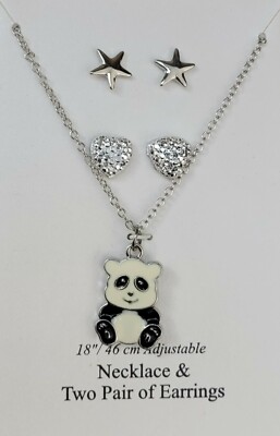 Silver Tone Cable Chain Panda Pendant Necklace & Star Heart Earrings ...