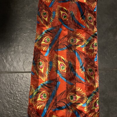 Vintage Oblong Scarf Bright Peacock Feathers In Red, Teal, Yellow ...