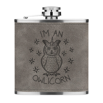 I'm An Owlicorn 6oz PU Leather Hip Flask Grey Funny Bird Animal Owl ...