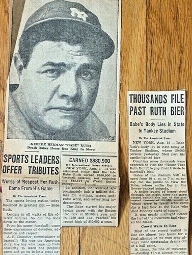 vtg Babe Ruth OBITUARY death 1948 newspaper clipping book photo dies NY ...