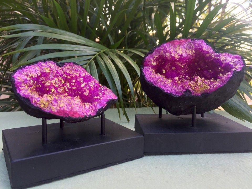 Large Pink Geode Pair W/Stands Crystal Geode Quartz Moroccan Geode Half ...