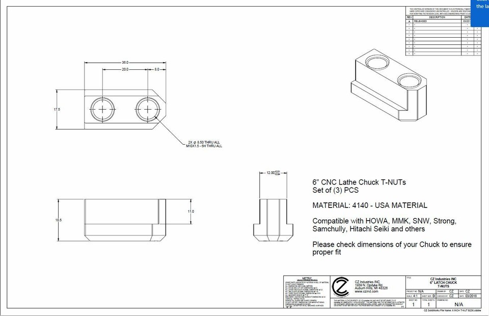 CZ 6" JAWS T-NUT 3 PCS FOR B-206 SAMCHULLY KITAGAWA LATHE CHUCKS 4140 ...