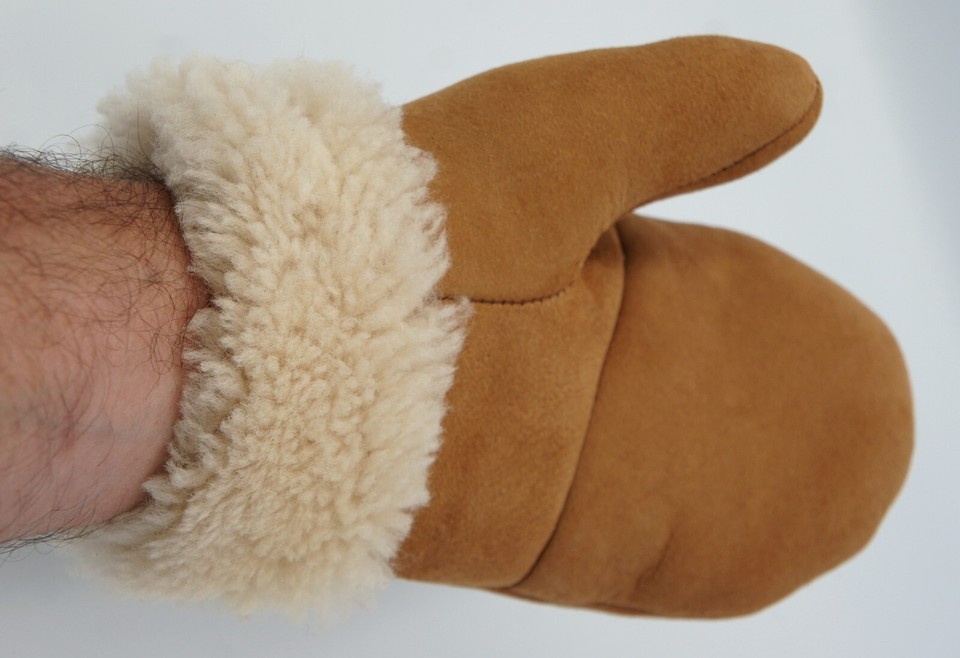 REAL GENUINE SHEEPSKIN SHEARLING LEATHER MITTENS UNISEX TAN BROWN SUEDE ...