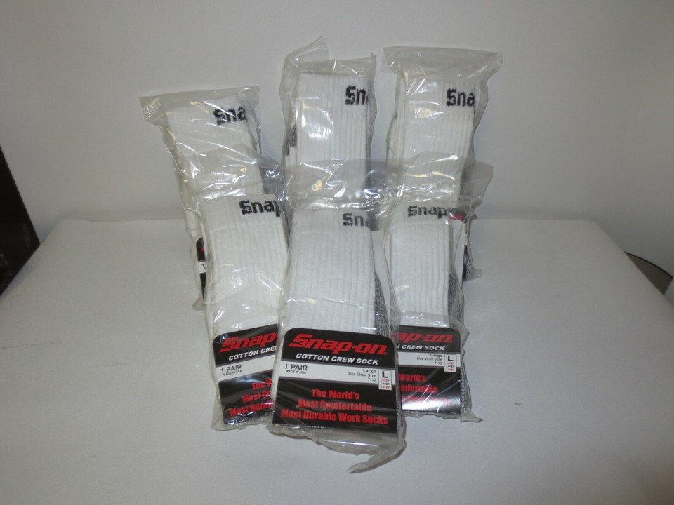 12 Snap-On Crew Socks Men's WHITE LARGE ~ FREE SHIP ~ MADE IN USA 12 ...