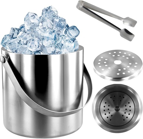 Ice Bucket with Lid, Ice Tongs and Strainer, Double Wall Insulated ...