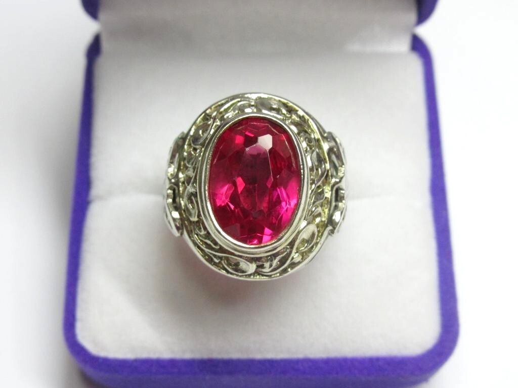 Huge Antique Soviet USSR Etched Ring Sterling Silver 875 Ruby Men ...