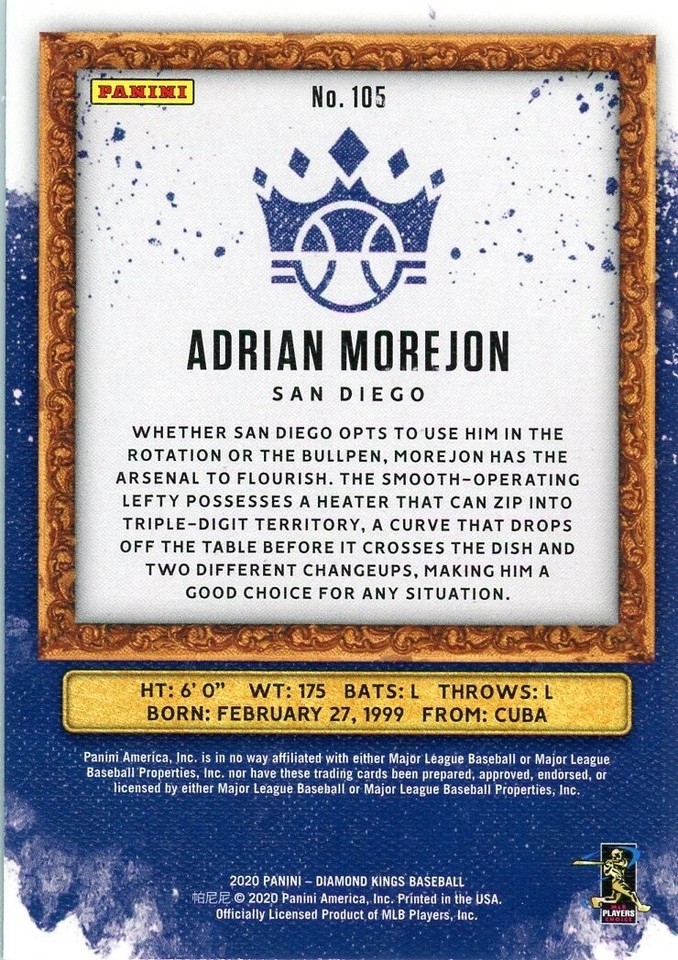 2020 Panini Diamond Kings Baseball Rookie Adrian Morejon San Diego ...