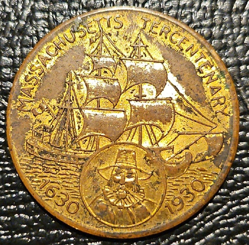 1930 MASSACHUSETTS TERCENTENARY SOUVENIR MEDAL COIN TOKEN SAIL BOAT ...