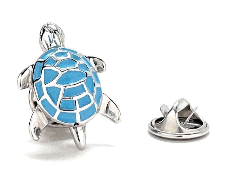 Sea Turtle Pin Tropical Turtle Lapel Pin 3D Ocean Silver Trim Baby Blue ...
