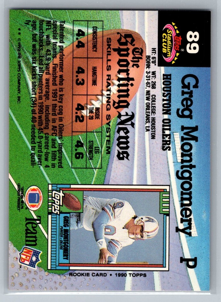Greg Montgomery 1992 Stadium Club FOOTBALL #89 Houston Oilers | eBay