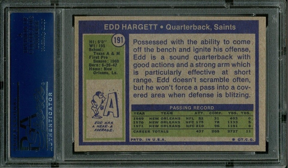 1972 Topps #191 Edd Hargett PSA 9 MINT New Orleans Saints, Scarce, Only ...