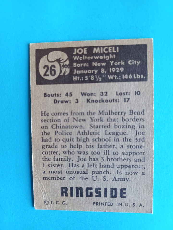 1951 TOPPS RINGSIDE BOXING JOE MICELI #26 WELTERWEIGHT VERY GOOD ...