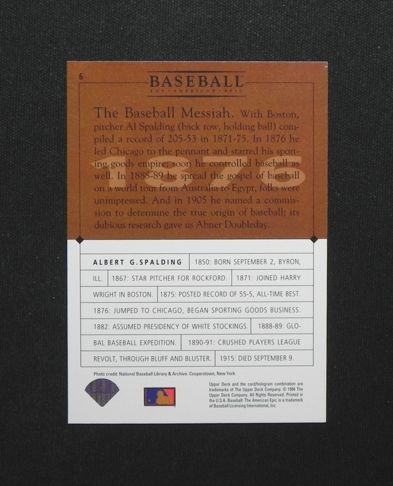 ALBERT G. SPALDING 1994 Upper Deck Card #6 From Ken Burns BASEBALL Set ...