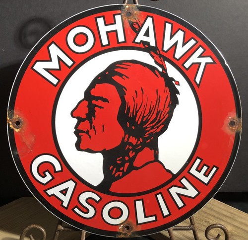 VINTAGE MOHAWK OILS MOTOR OIL GASOLINE PORCELAIN ENAMEL GAS PUMP SIGN ...