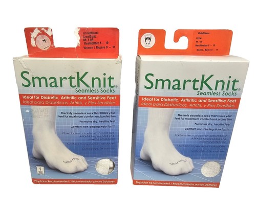 2 Pair Smartknit Seamless Diabetic Socks (White) Medium Mens 8-10 Women ...