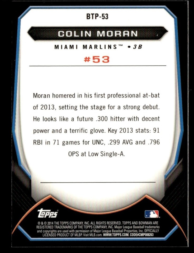 2014 Bowman Top 100 Prospects Colin Moran Rookie Miami Marlins #BTP-53 ...