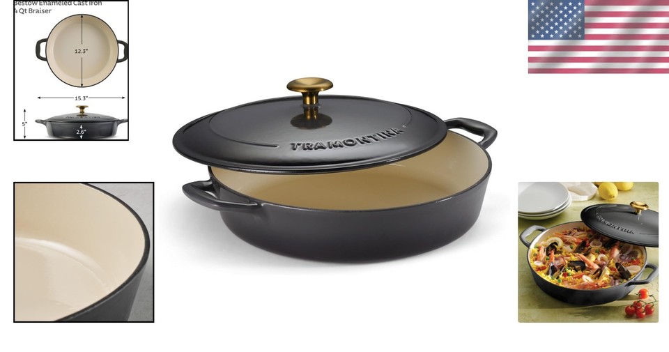 Elegant 4-Quart Enameled Cast Iron Braiser with Lid – Moisture-Locking ...
